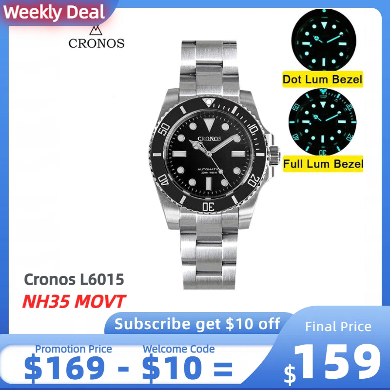 ★Weekly Deal★Cronos No Date NH35 Sub Diver Watch L6015 – Cronos Watch Store