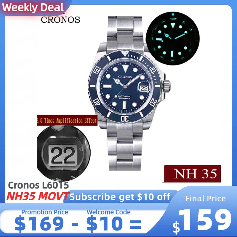 ★Weekly deal★Cronos 2.5x Water Ghost NH35 Dive Watch L6015 with Calend ...