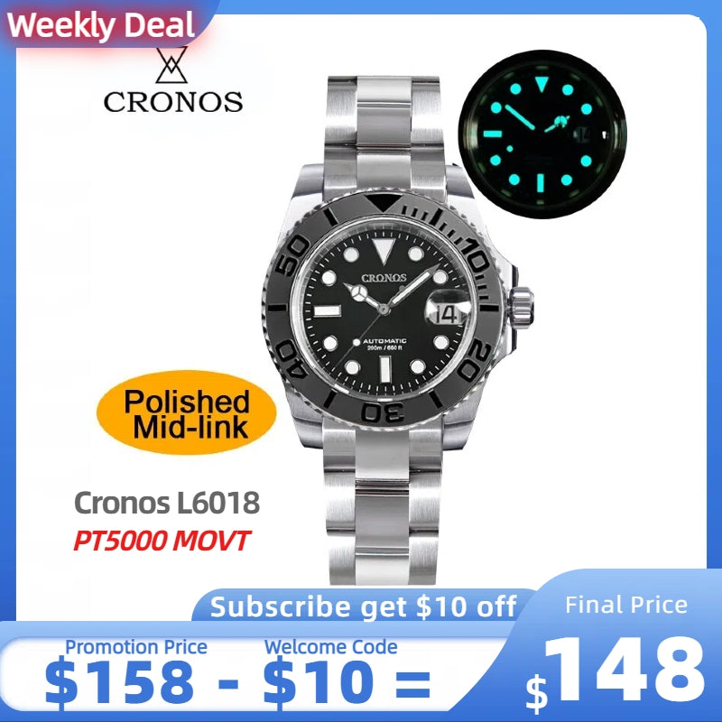 ★Weekly Deal★Cronos 2.5x Water Ghost Sub Dive Watch L6018 Polished Mid ...