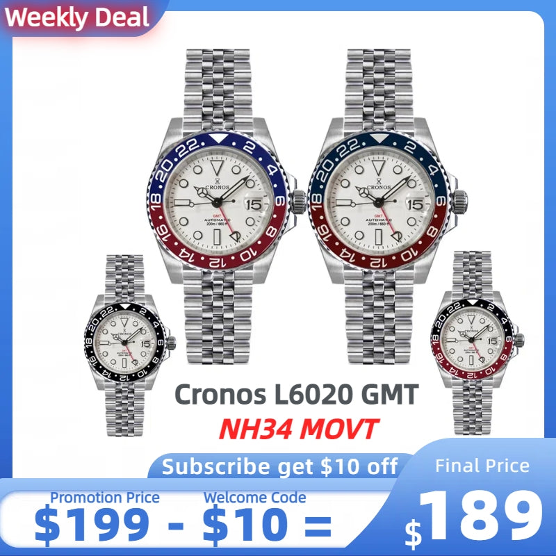 ★Weekly deal★Cronos NH34 GMT Automatic Men Watch L6020M-White dial ...