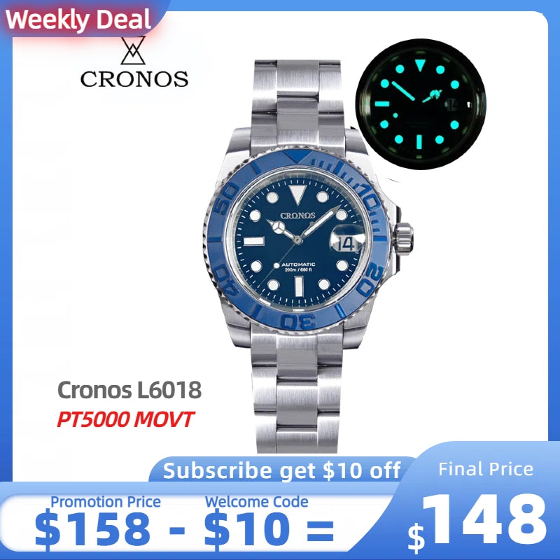 ★Weekly Deal★Cronos 2.5x Water Ghost Sub Dive Watch L6018 Fully Brushe ...